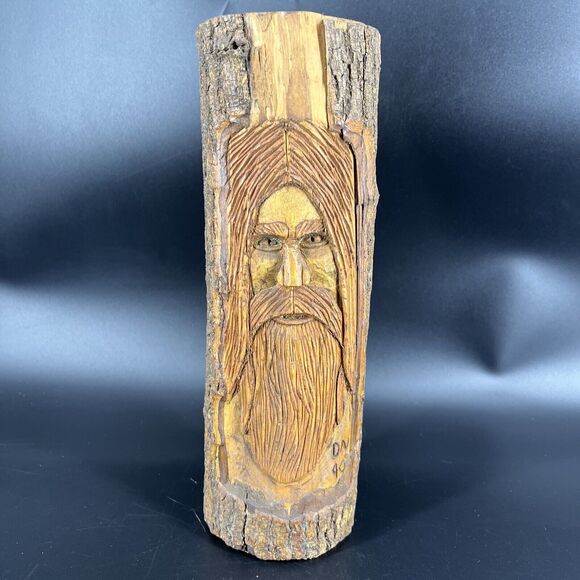 Art | Vintage Hand Carved Old Man Face Spirit Tree Wood Sculpture Vase ...